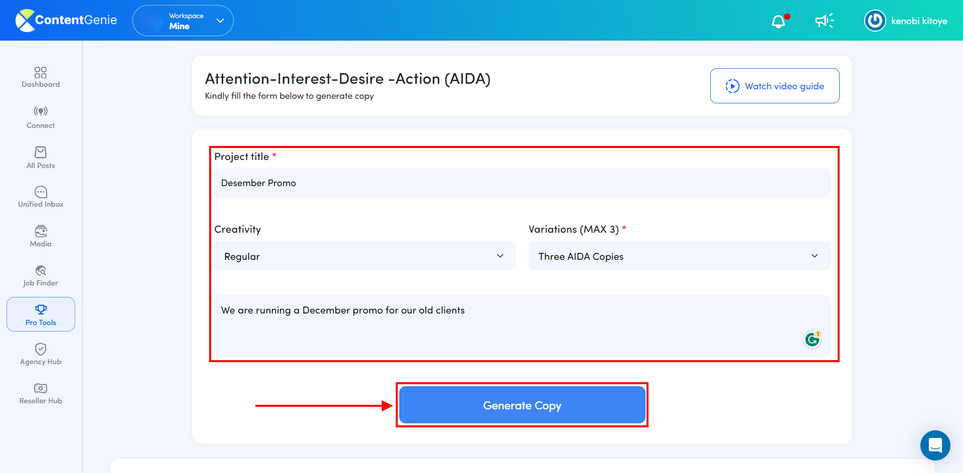 AIDA sales copy writer – ContentGenie Support